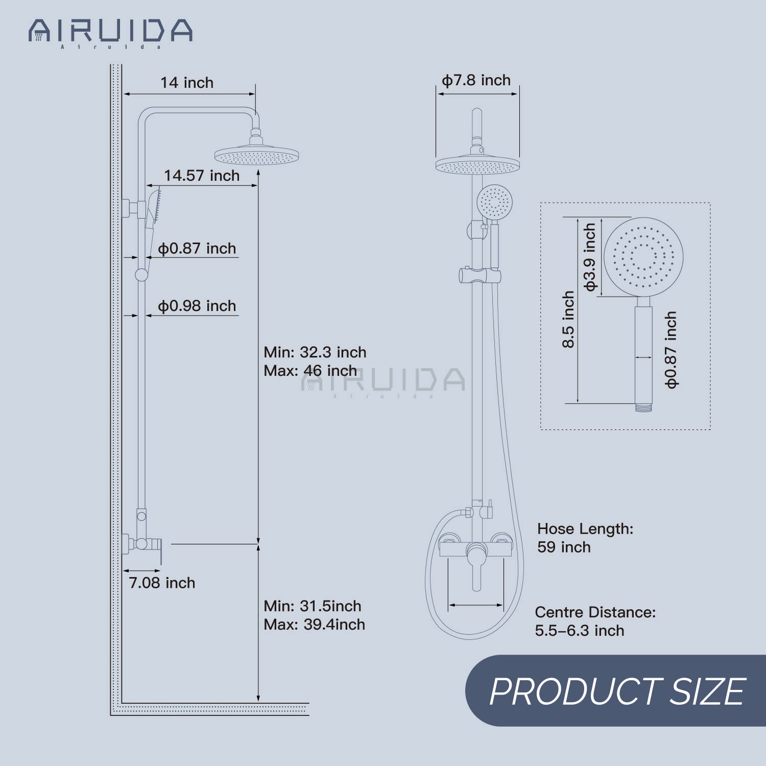 Airuida SUS304 Outdoor Shower Fixture Brushed Nickel Exposed Shower Faucet Combo Set Single Handle 8 Inch Thicken Rainfall Showerhead With Handheld Spray Wall Mount Dual Functions
