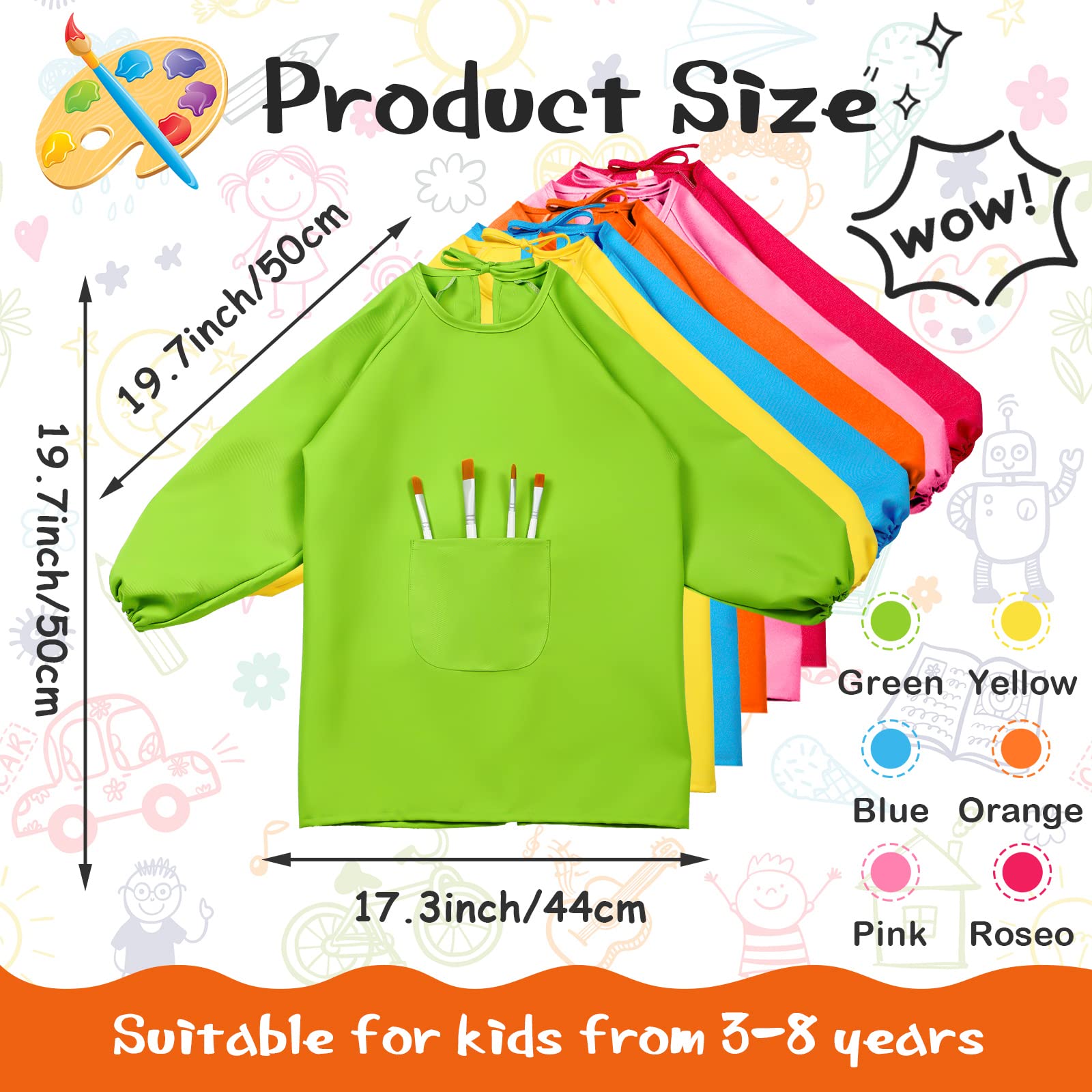 Geyoga 6 Pcs Art Smock for Kids Colorful Painting Artist Smock Waterproof Apron Toddler Full Coverage Long Sleeve Apron with Pocket for School Class, for Age 3 to 8