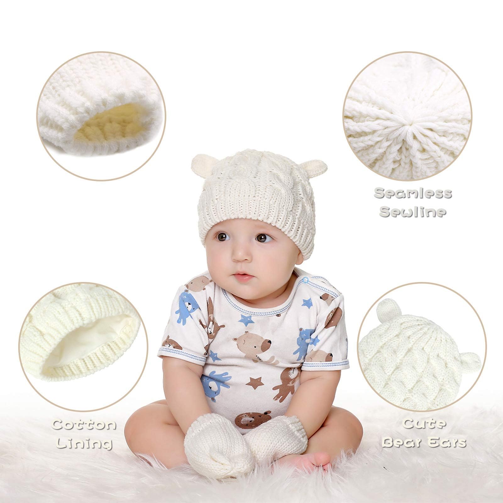 Unisex Baby Toddler Hat and Mitten Set Winter Knitted Thick Warm Beanie Cap Gloves for Infant Boys Girls (White, M (3-6 Months))
