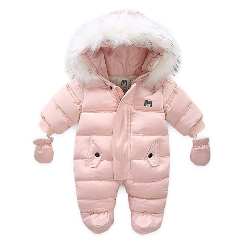 Pudcoco Toddler Baby Girls Boys Zipper Down Jumpsuits with Gloves, Winter Snowsuit Coat Romper Jumpsuit Outfits (D Pink Cotton Jacket + Gloves, 6-9M)