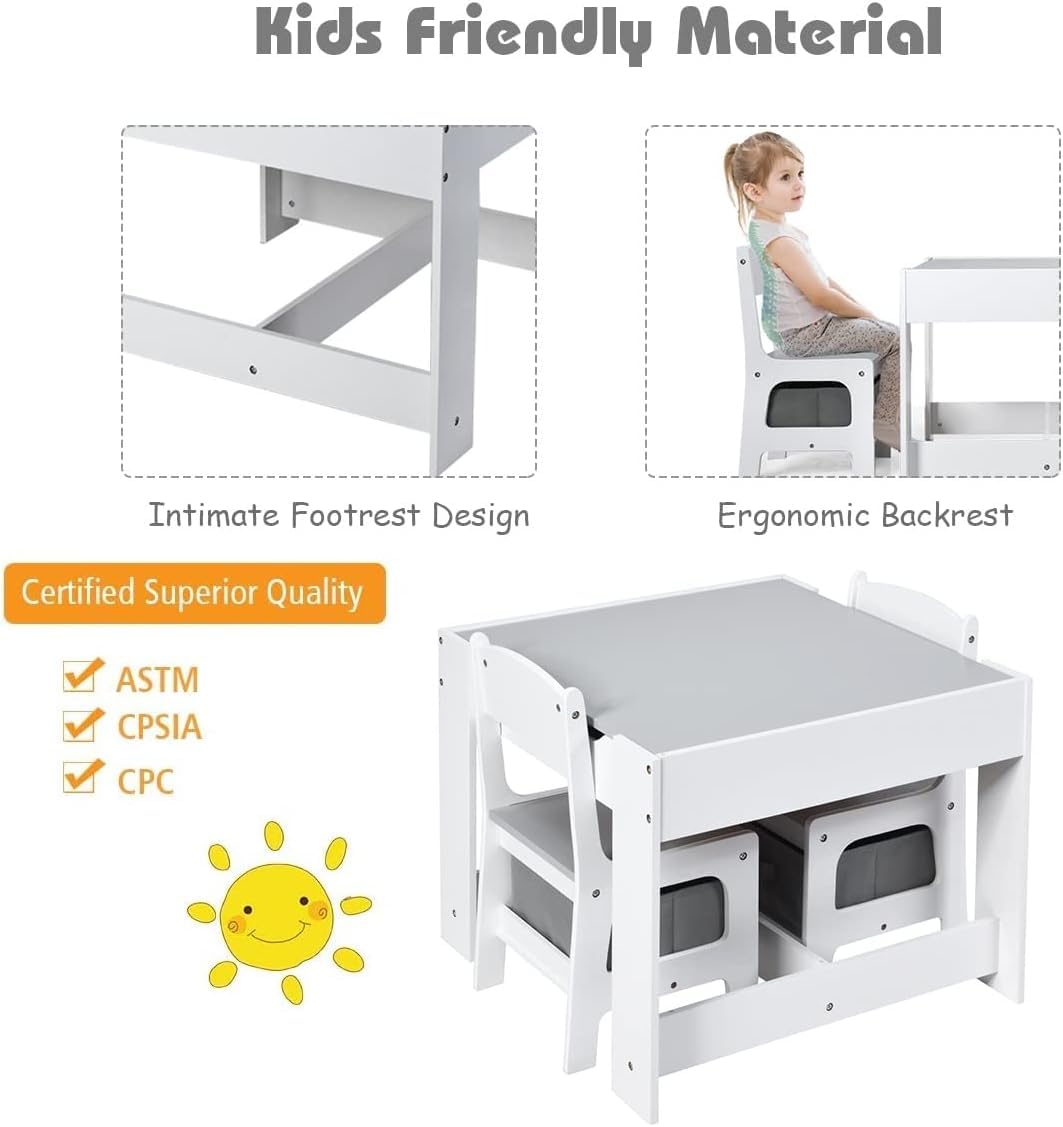 Fireflowery, 3-in-1 Wooden Activity w/Storage Drawer & Detachable Blackboard, 3-Piece Square Children Art Desk, Toddler Table&Chairs Kids Table and Chair Set, Large, Grey