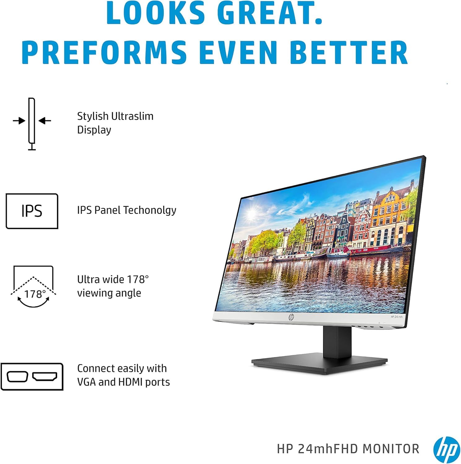 HP 24mh FHD Monitor 23.8-inch IPS Display 1080p Built-in Speakers and VESA Mounting Height/Tilt Adjustment 1D0J9AA#ABA (Renewed)