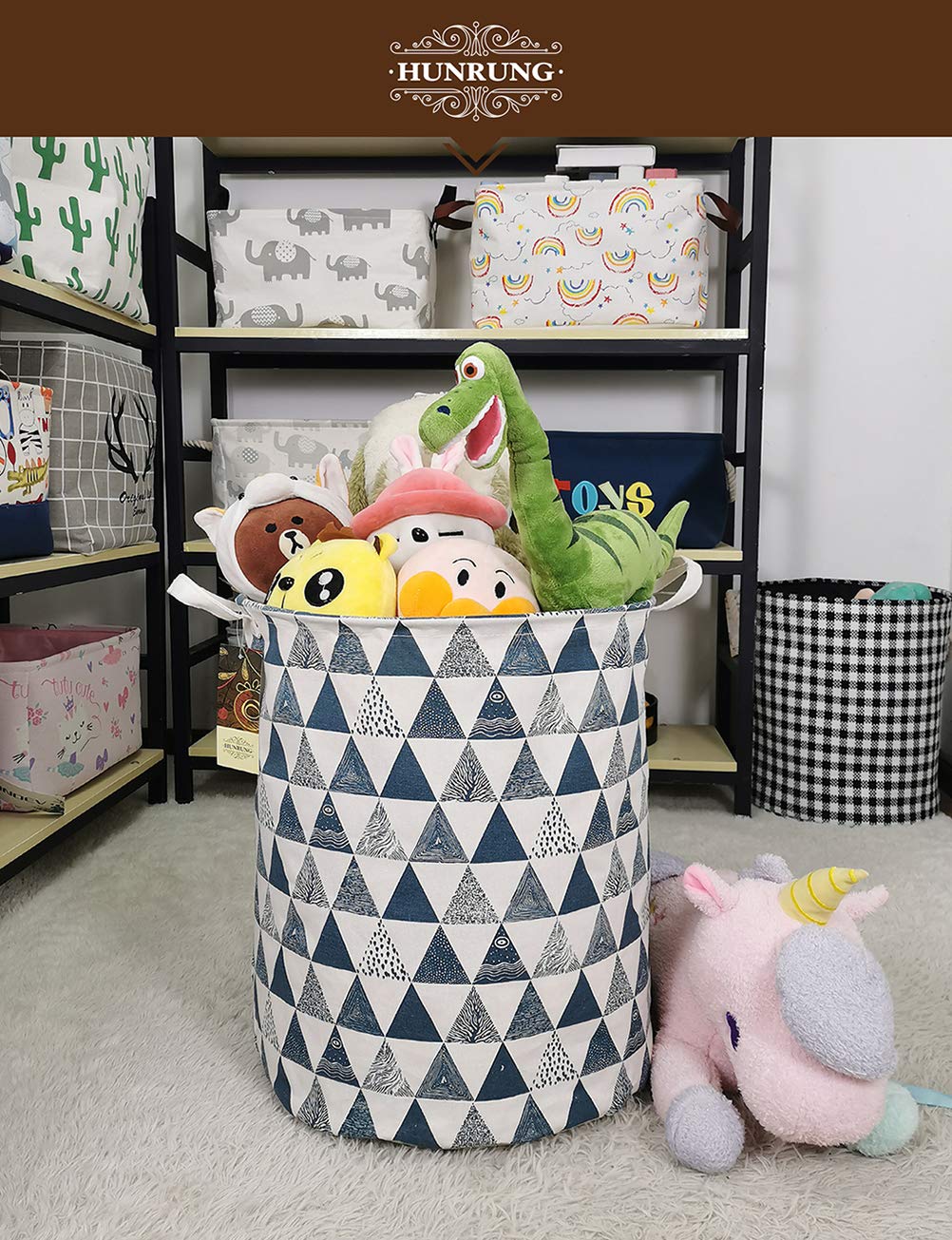 HUNRUNG Laundry Hamper,Large Canvas Fabric Lightweight Storage Basket Toy Organizer Dirty Clothes Collapsible Waterproof for College Dorms(Round-Pine Dinosaur)
