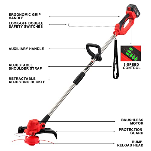 Brushless Weed Wacker, 21V String Trimmer Electric Weed Eater Brush Cutter, 3-in-1 Lightweight Cordless Grass Trimmer Edger Lawn Tool for Yard Trimming and Edging with 6.0Ah Battery Powered