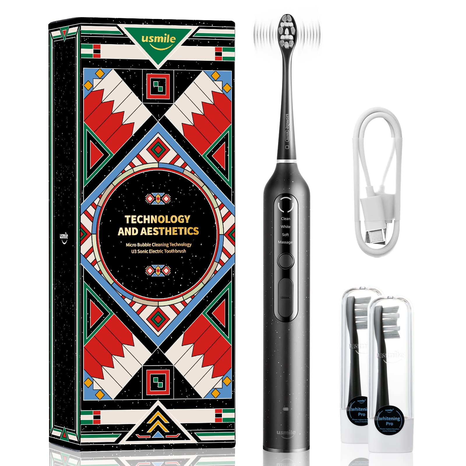 usmile Electric Toothbrush, Sonic Electric Toothbrush with Smart 3D Display, 4 Modes and 3 Intensities, Built-in Timer, U3 Black