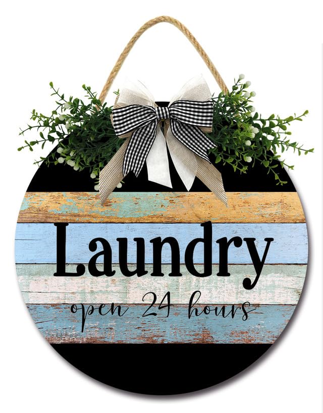 DLONVOH Laundry Open 24 Hours Laundry Sign For Laundry Room Rustic Wood Laundry Room Wall Decor Funny Farmhouse Laundry Decoration for Wash House