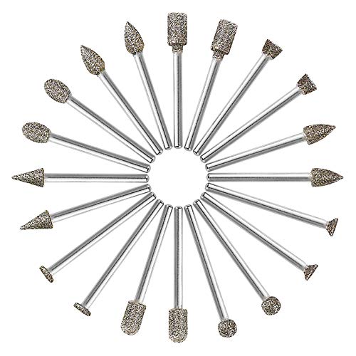 60 Grit 20Pcs 𝗗𝗶𝗮𝗺𝗼𝗻𝗱 𝗕𝘂𝗿𝗿 𝗦𝗲𝘁 - GOXAWEE Rotary Grinding Burrs Engraving Bits Set with 1/8-inch Shank, Diamond-Coated Stone Carving Accessories Bit Universal Fitment for Rotary Tools