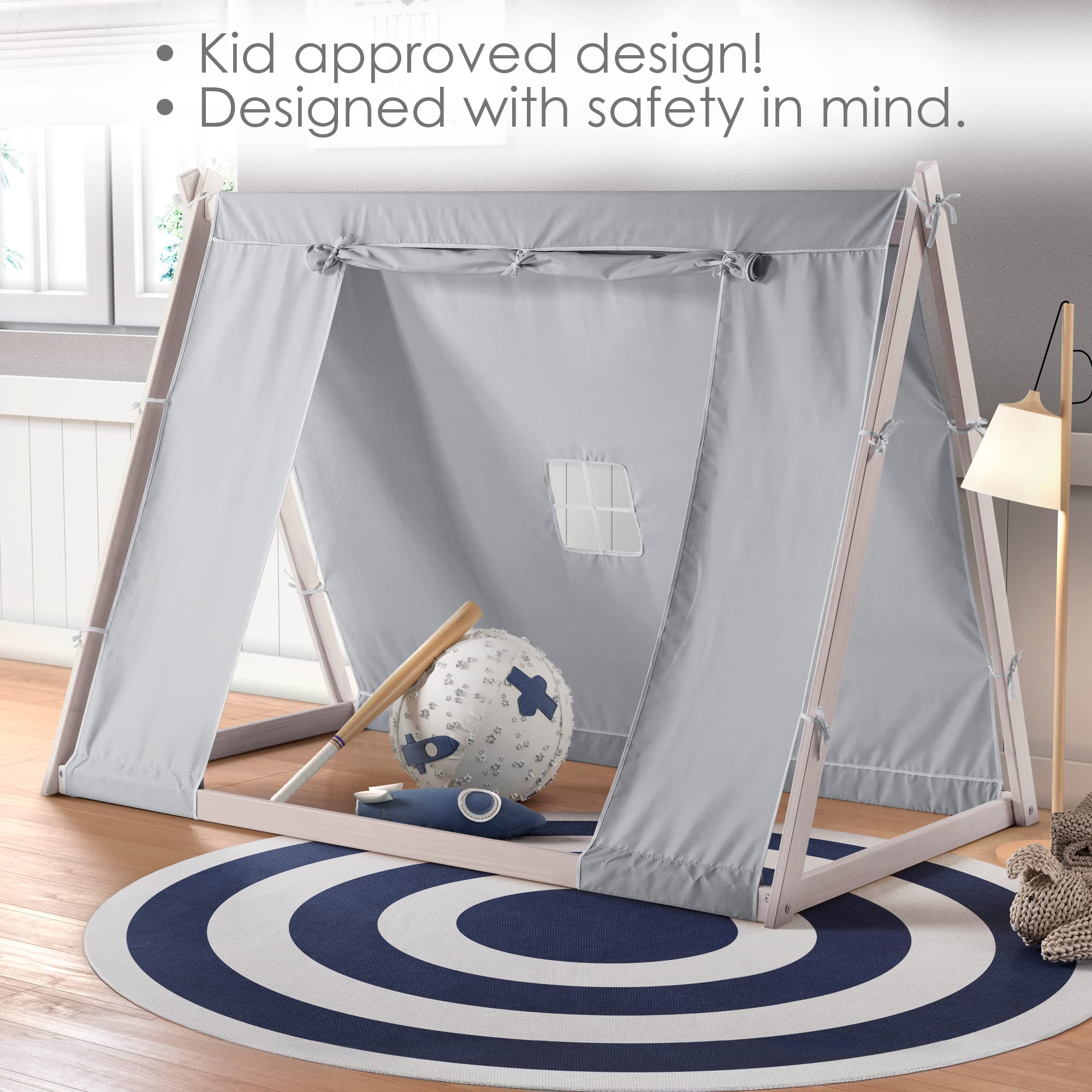 P'Kolino New Tent Twin Floor Bed - Natural or White Frame, Grey Tent, Children’s Bedroom Furniture … (White Frame)