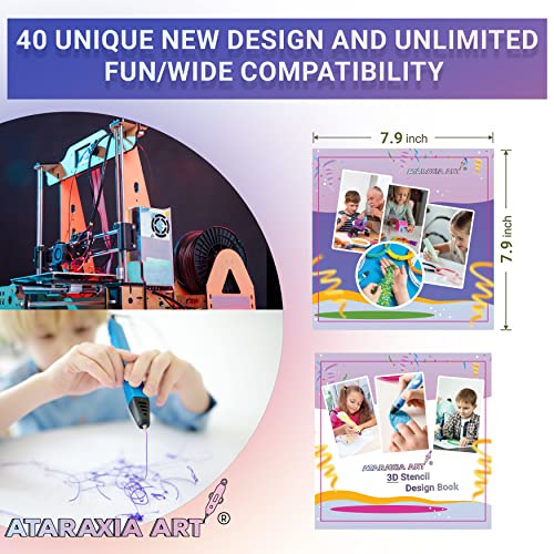 ATARAXIA ART 3D Pen PLA Filament Refill, 24 Colors, Each Color 10m/33 ft, Total 782 feet, 3DPen Filament with Stencils Book, Reusable Colorful 40 Pattern Printing Paper, Clear Pad & 2 Finger Caps