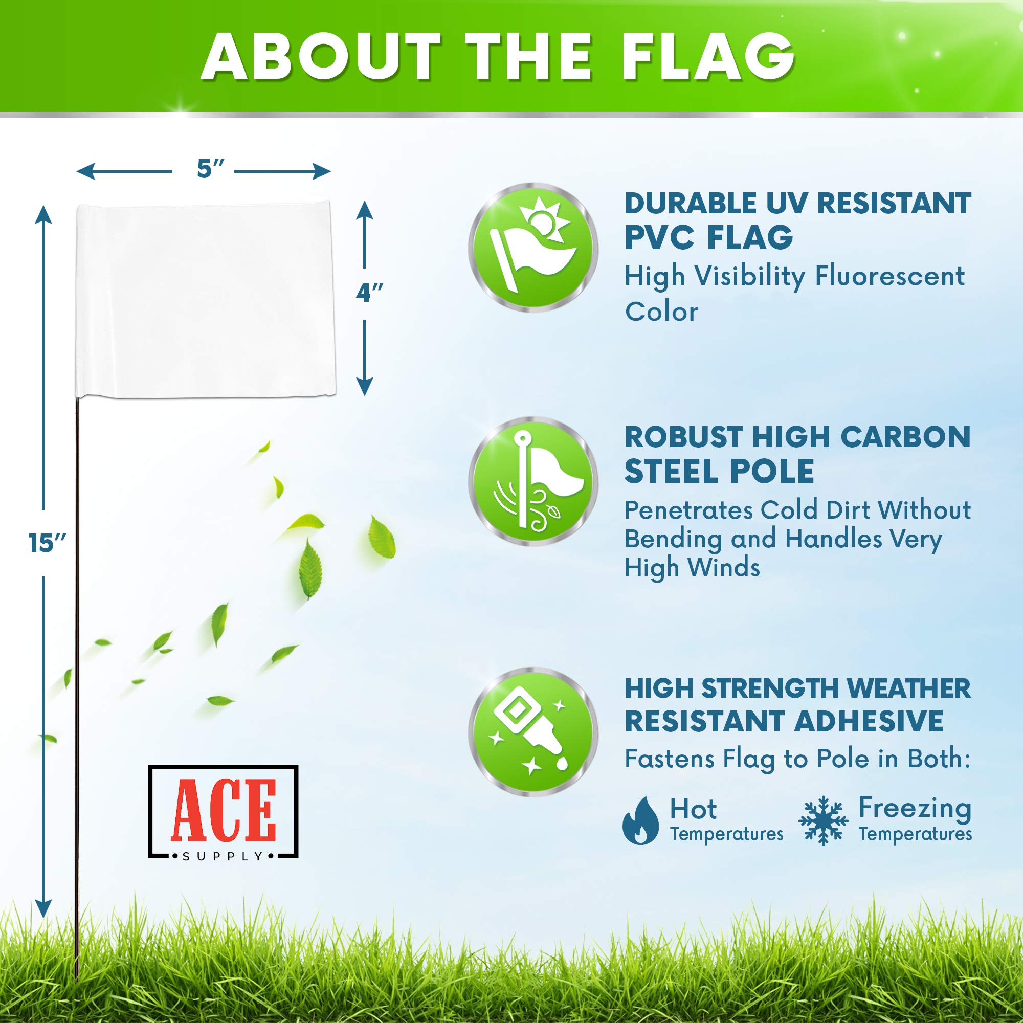 ACE Supply Marking Flags - 4 x 5-Inch Flag on 15-Inch Steel Wire - White, 100 Pack - Marker Flags for Irrigation, Sprinkler Flags, Lawn Flags, Yard Flags, Garden Flags, Dog Training, Invisible Fence