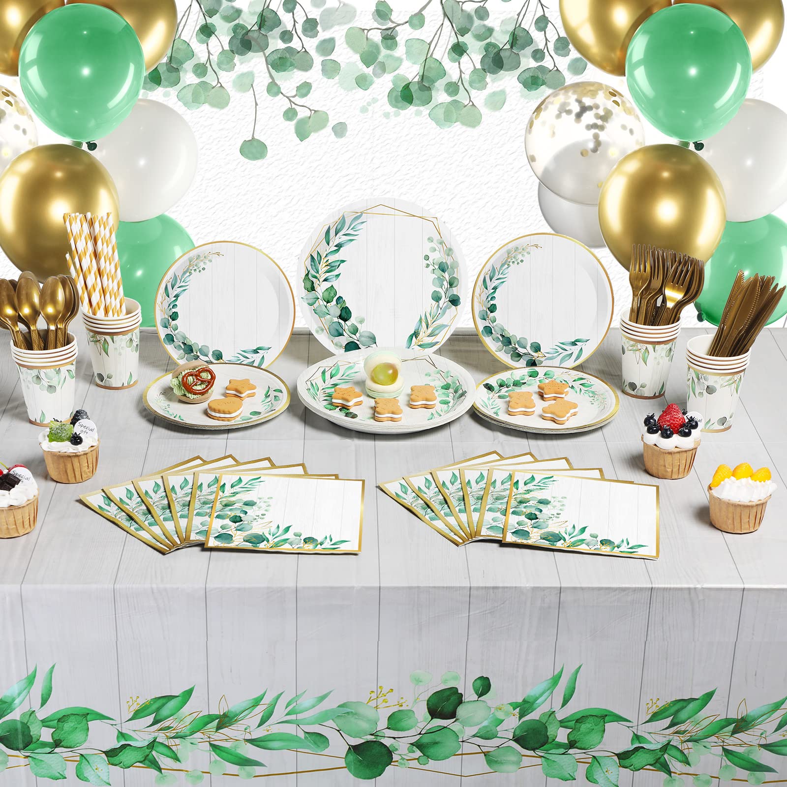 Eucalyptus Party Supplies Sage Greenery Plates and Napkins Green Leaf Tablecloth Balloons Gold Leaf Jungle Theme Boho Party Supplies for 16 Guests Tableware Bridal Wedding Decorations
