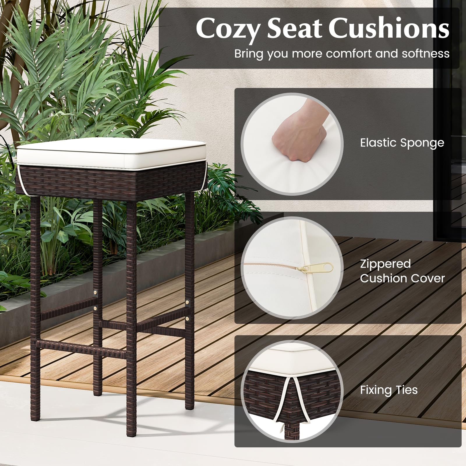 HAPPYGRILL Patio Bar Stools Set of 2, Outdoor Rattan Bar Chairs with Cushion, Sturdy Steel Frame and Footrests, PE Wicker Bar Stools for Backyard Poolside Garden