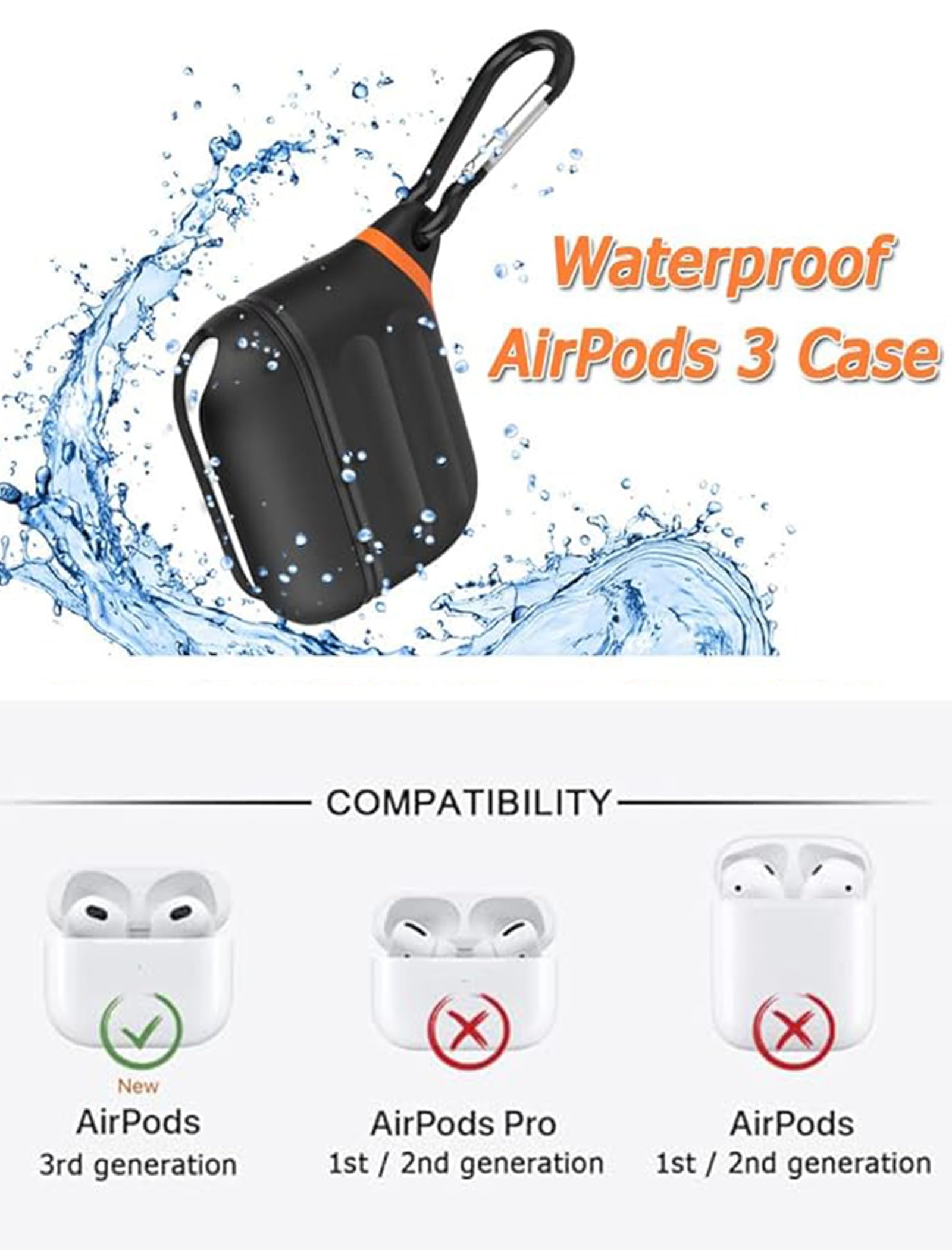 HALLEAST for AirPods 3 Case Waterproof, Front LED Visible & Support Wireless Charging, Protective Silicone Case Cover Compatible with for Apple AirPods 3 with Carabiner, Nightglow Yellow