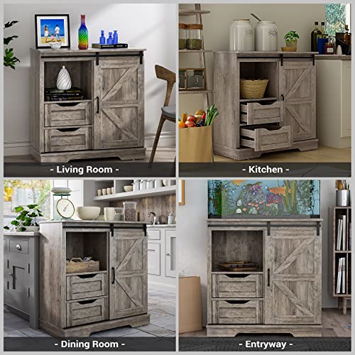 Ahvqevn Farmhouse Coffee Bar Cabinet, 33.64" Coffee Bar Cabinet with 2 Drawers and 3 Open Storage Shelf, Kitchen Hutch Buffet Storage Cabinet Design for Kitchen, Living Room, Entryway, Grey