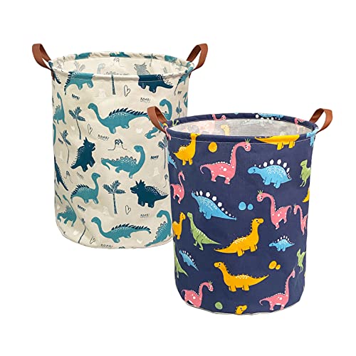Collapsible Round Storage Bin - WOYASUI Large Laundry Hamper Waterproof Organizer with Handles/Home Decor/Toy Books Holder Clothes Nursery Basket(2 PACKS,Color Dinosaur & White Dinosaur)