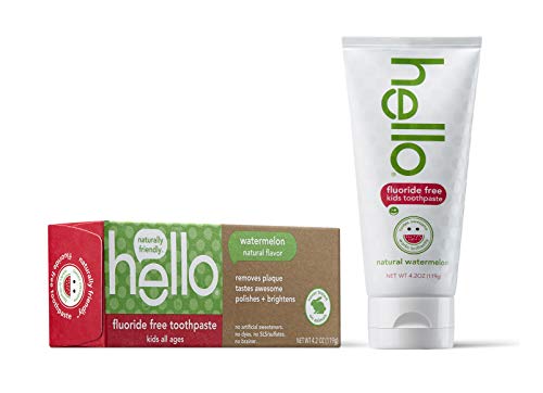 Hello Oral Care Kids Fluoride Free and SLS Free Toothpaste Twin Pack with BPA-Free Kids & Toddler Toothbrush, Natural Watermelon