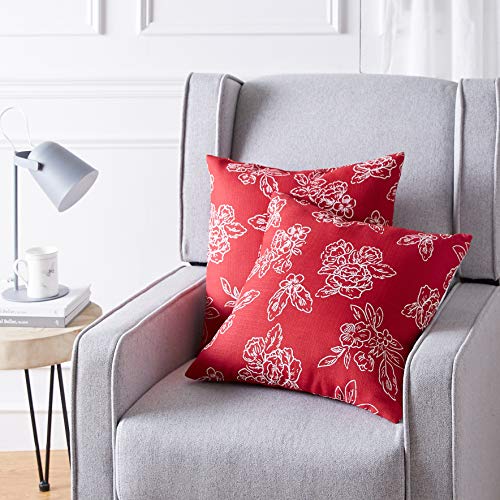 Amazon Basics 2-Pack Linen Style Decorative Throw Pillows - 18" Square, Classic Red Floral