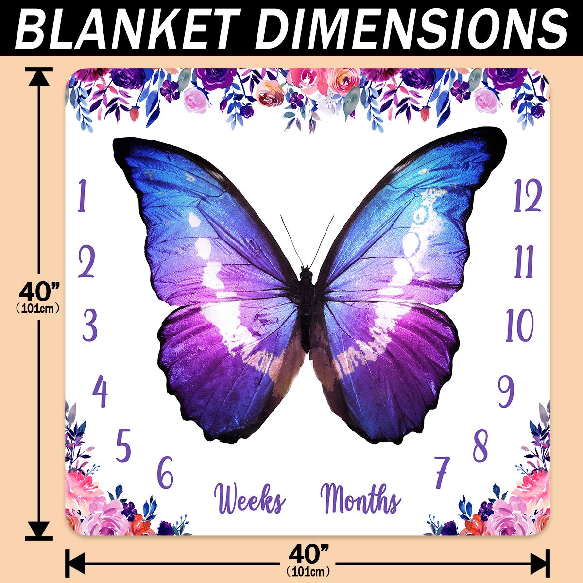 PHMOJEN Baby Monthly Milestone Blanket, Colorful Butterfly Wings Flowers Blanket for Nursery, Girl 1-12 Months, Includes 4 Frame and 1 Headband 40"x40" BTLSPH432