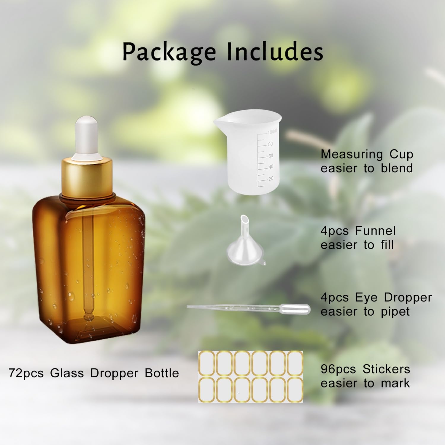 Yoken 72pack Square Dropper Bottle 1 oz Glass Bottles with Dropper Clear Eye Dropper Bottle for Essential Oils - 30ml Leakproof Tincture Bottles with Gold Cap, Silicone Measuring Cup, Funnel and Label