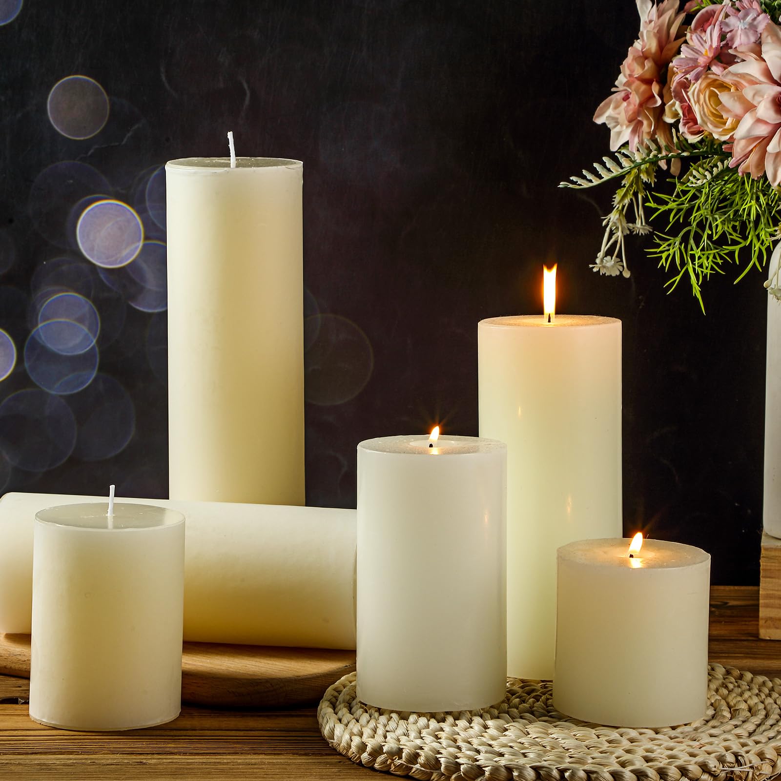 Shihanee 12 Pcs Christmas Pillar Candles 3" Diameter Dripless Unscented Fireplace Candle Rustic Scentless Candles with Smokeless Cotton Wick Long Burning Candles for Xmas Wedding Home (Ivory White)