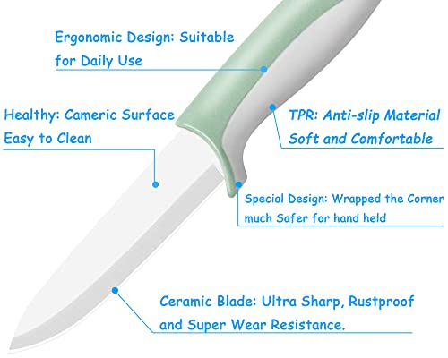 Premium Ceramic Knife 4 inches, Kitchen Paring Knife - Ultra Sharp Fruit Knife for Vegetable Food with Hippo Shaped Cover, Small Portable Pairing Knives Food knife with Sheath, Green, by Jonbyi