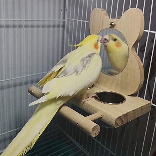 Hamiledyi Parrot Mirror Toy with Stainless Steel Feeding Cups Bird Wooden Frames with Cage Perch for Macaw African Greys Budgies Parakeet Cockatiels Conure Lovebird Finch