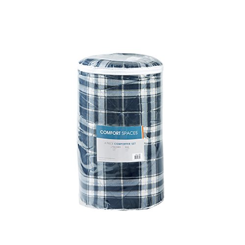Comfort Spaces Aaron Sherpa Comforter and Throw Combo Set, Ultra Softy Fluffy Warm Checker Plaid Pattern Cold Weather Bedding, Full/Queen, Navy,CS10-0409