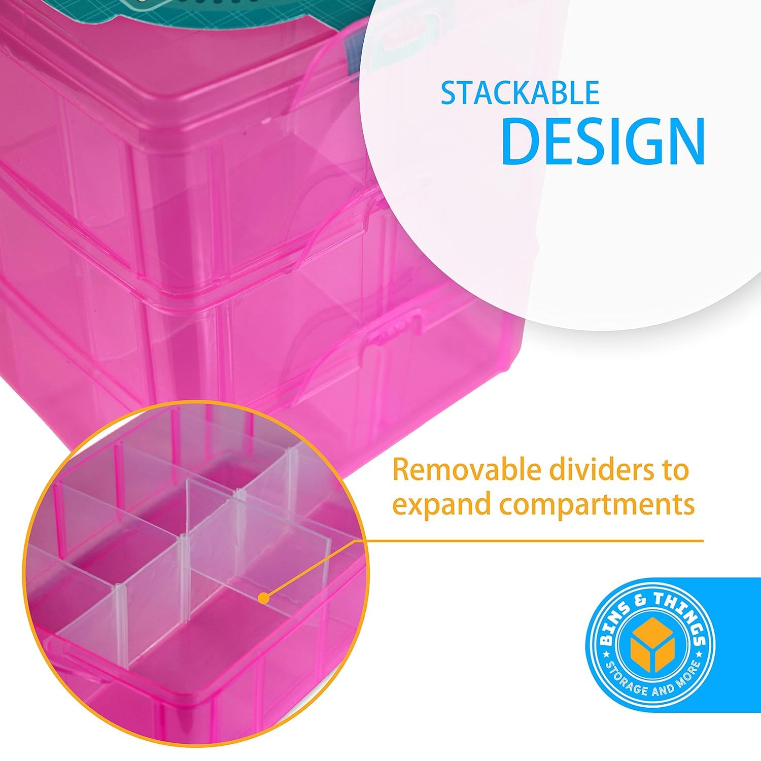 Bins & Things Bead Organizer with Adjustable Compartments - Durable Toy Organizers and Storage Solution for Dolls, Crafts, Mini Toy Figures, Jewelry and Beads - 4 Tier, 20 Compartments, Pink