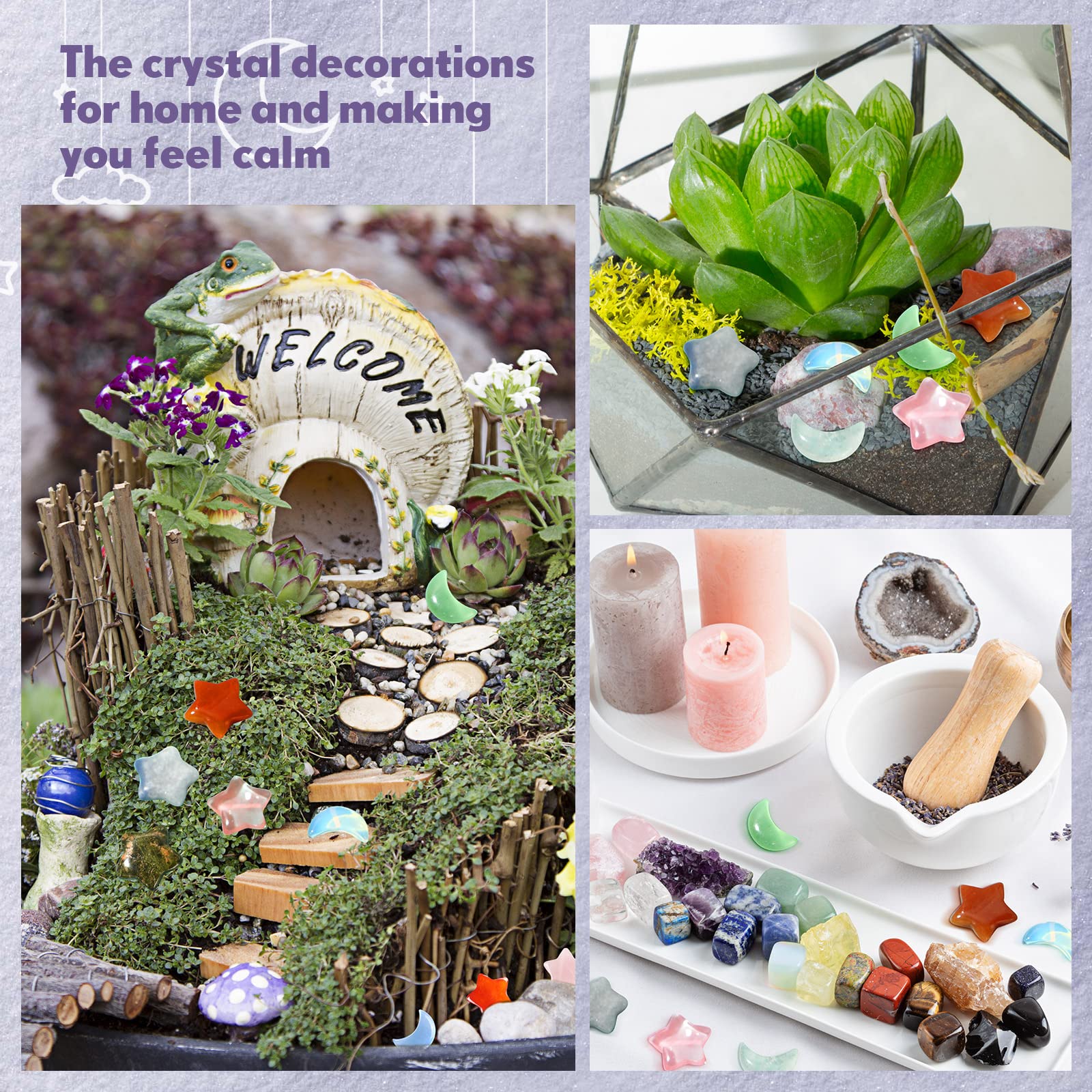 60 Pieces Star Shaped Crystals and Moon Shaped Crystals Worry Stones Assorted Palm Thumb Stones Hand Making Gemstone Quartz Decorative Crystal for Witchcraft Meditation DIY Balancing Jewelry