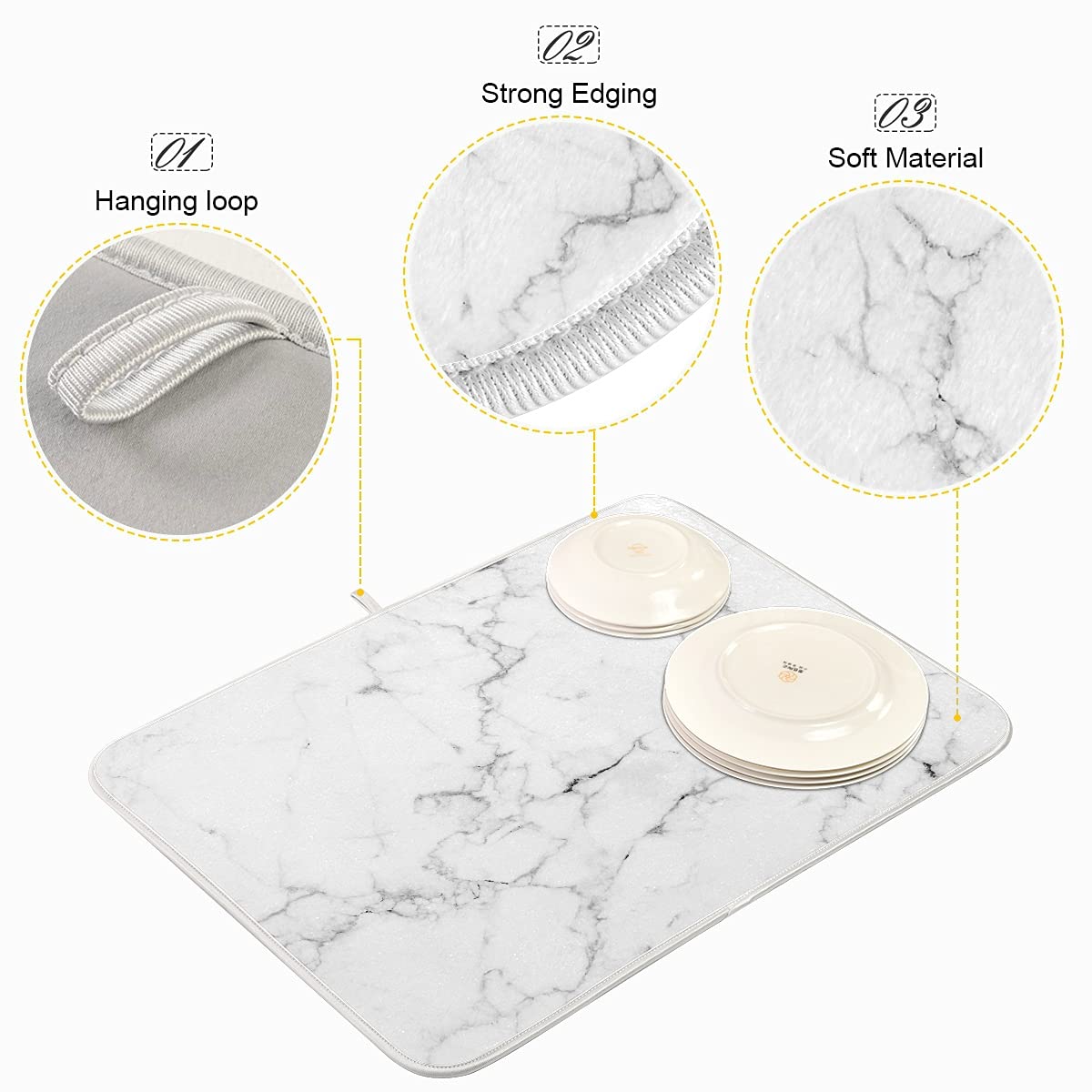 Absorbent Dish Drying Mat for Kitchen Counter - Marble Print Microfiber Drying Pad, Reversible Drainer Mats for Countertop, Medium 16 x 18 inch