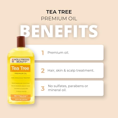 Hollywood Beauty Tea Tree Oil for Hair, Scalp, and Skin, 16 fl oz - Moisturizes Dry, Itchy Scalp, Blended with Vitamin E & Aloe