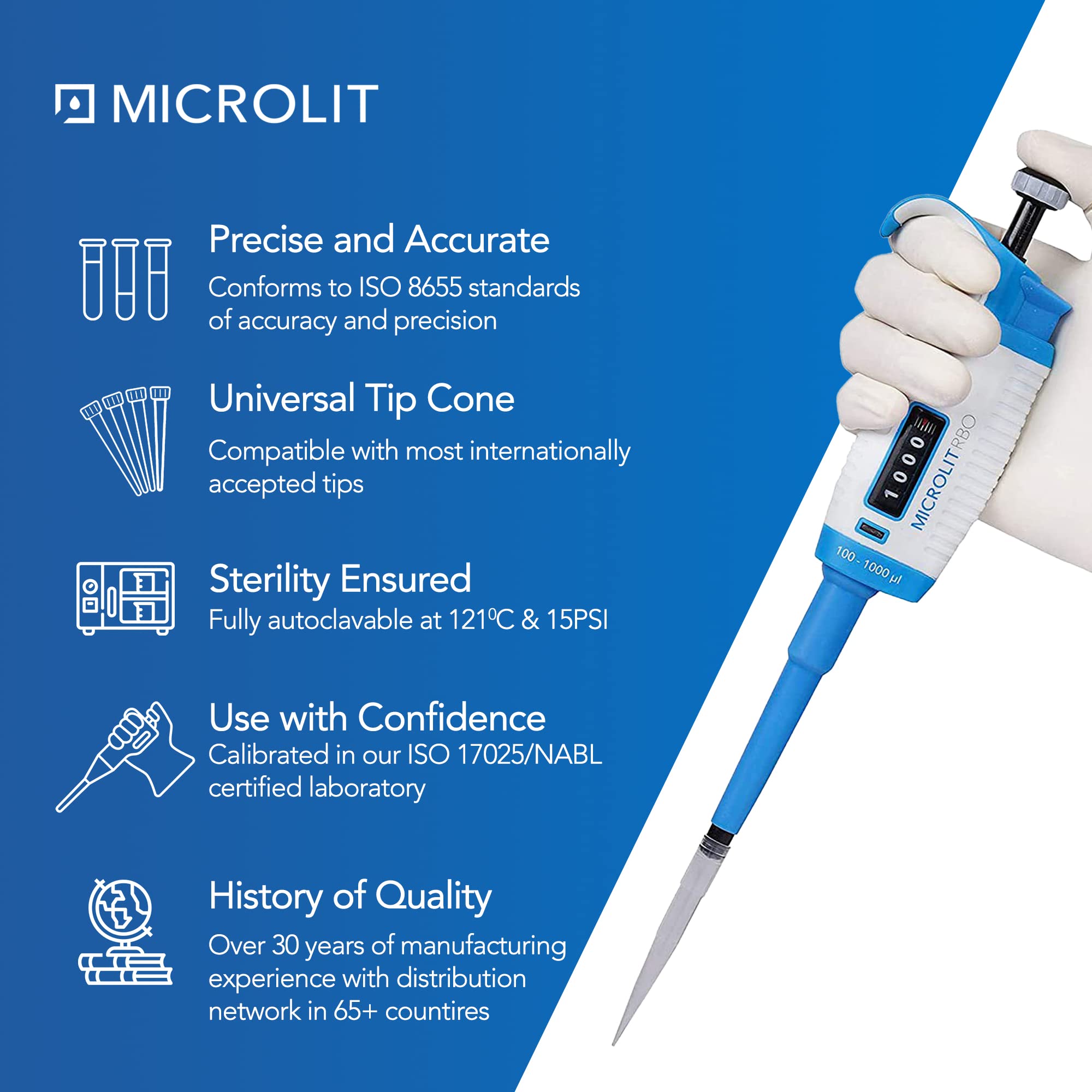 MICROLIT - Complete Starter Kit, Pipettes with 0.5-10ul, 10-100ul, 100-1000ul and 1-10ml Liquid Capacity, 4-Piece Set of Pipettes with a Carousel Stand and Compatible Micropipette Tips