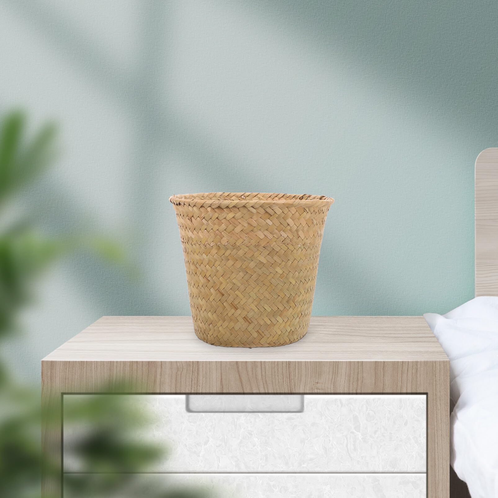 ABOOFAN Wicker Waste Basket Woven Trash Can Boho Recycle Garbage Container Bin Laundry Hamper Plant Flower Pot Storage Basket for Bathroom Kitchen Office