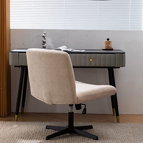 ESTRUCO Armless Wide Office Chair Fabric Padded Desk Chair No Wheels Task Vanity Chair Swivel Home Office Desk Chair 120°Rocking Mid Back Computer Chair for Make Up (Textile-Beige)