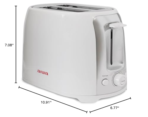Aiwa Toaster, 2 Slice Wide Slot, Reheat and Defrost Function, 6 Browning Settings, Drop Down Crumb Tray, White
