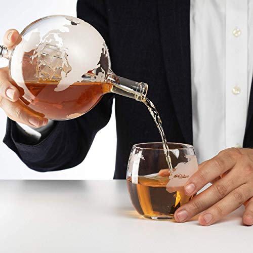 Etched World Decanter whiskey Globe - The Wine Savant Whiskey Gift Set Globe Decanter 750 ml with Antique Ship, Whiskey Stones and 4 World Map 10oz Glasses, Great Gift - Alcohol Related Gift, HOME BAR