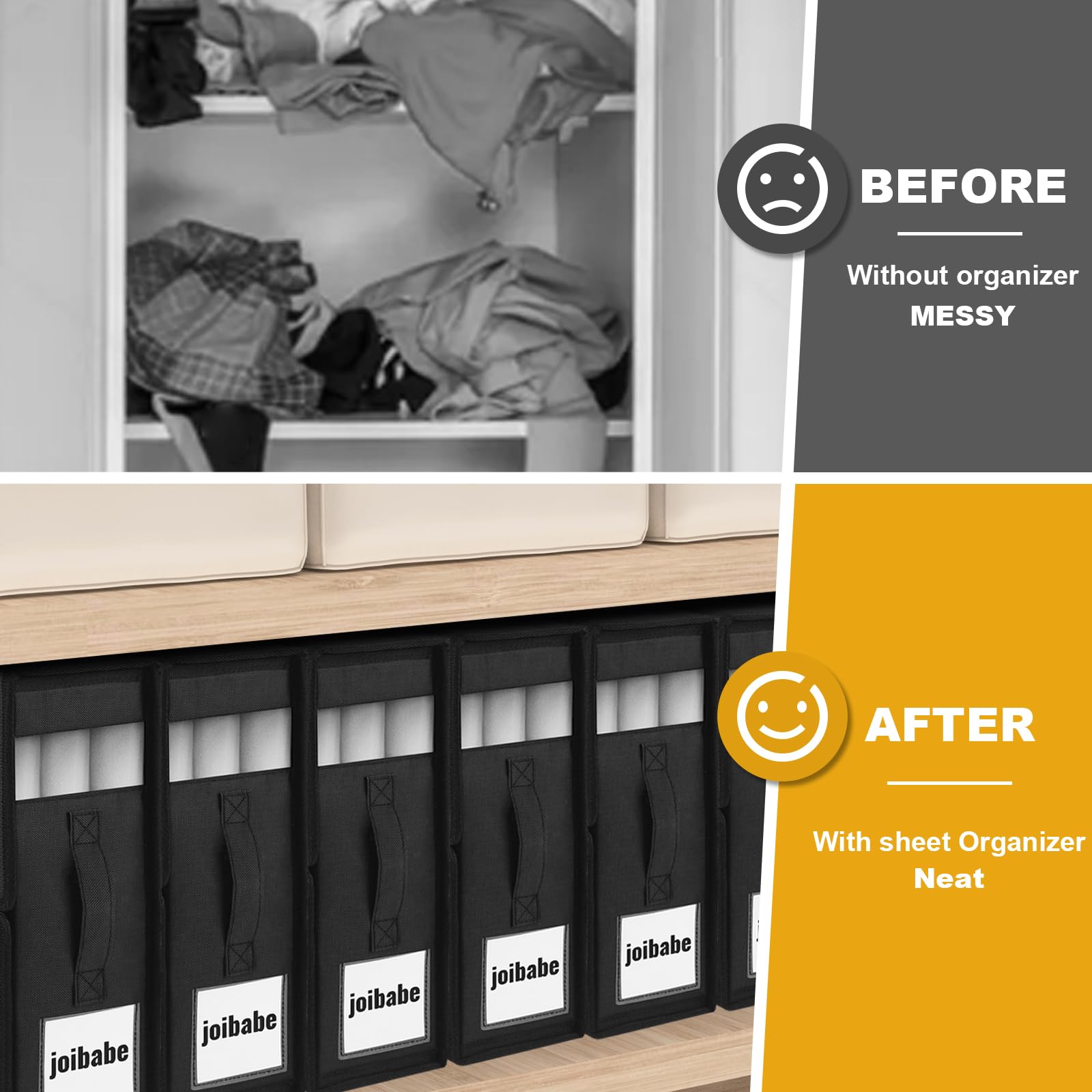 joibabe Bed Sheet Organizer and Storage, Bed Sheet Folder Organizer (Queen and King Size), 600D Oxford Cloth Storage Box for Bed Sheets, Duvet and Pillowcases (BLACK, 2PACK)