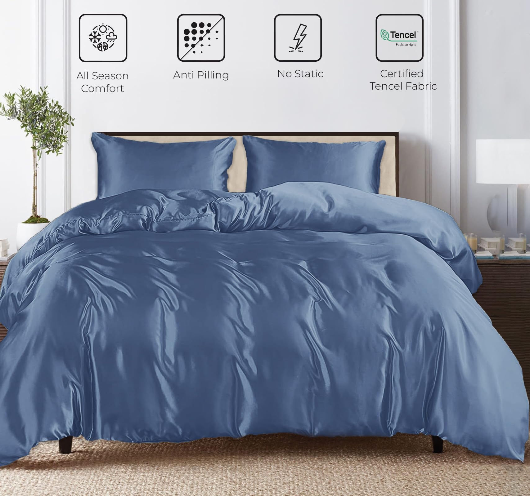 Linenwalas Tencel Lyocell Duvet Cover Set with Deep Pocket Fitted Sheet, Viscose Made from Eucalyptus Soft, Lightweight and Breathable Complete Bedding Set (Aqua, Queen)