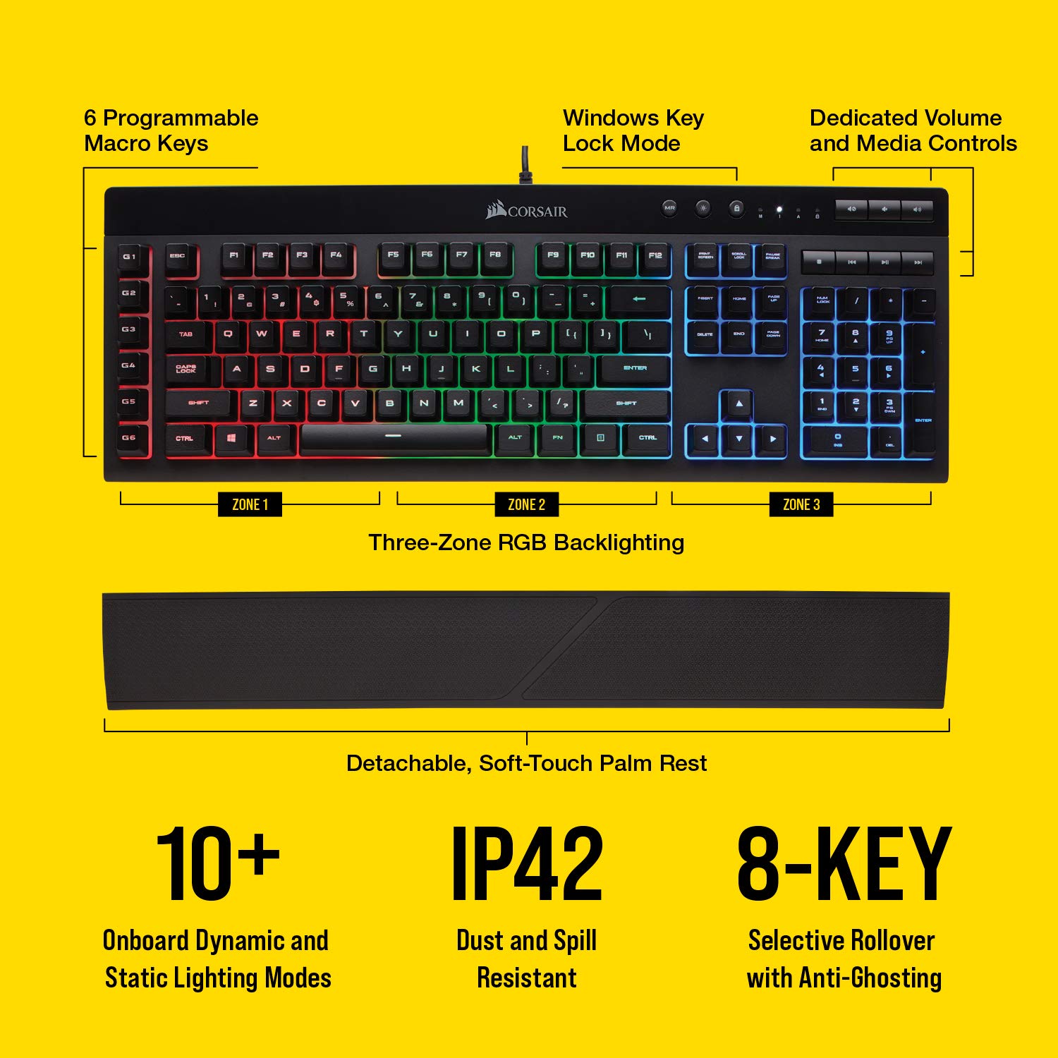 Corsair K55 RGB Gaming Keyboard - Quiet & Satisfying LED Backlit Keys - Media Controls - Wrist Rest Included - Onboard Macro Recording (Renewed)