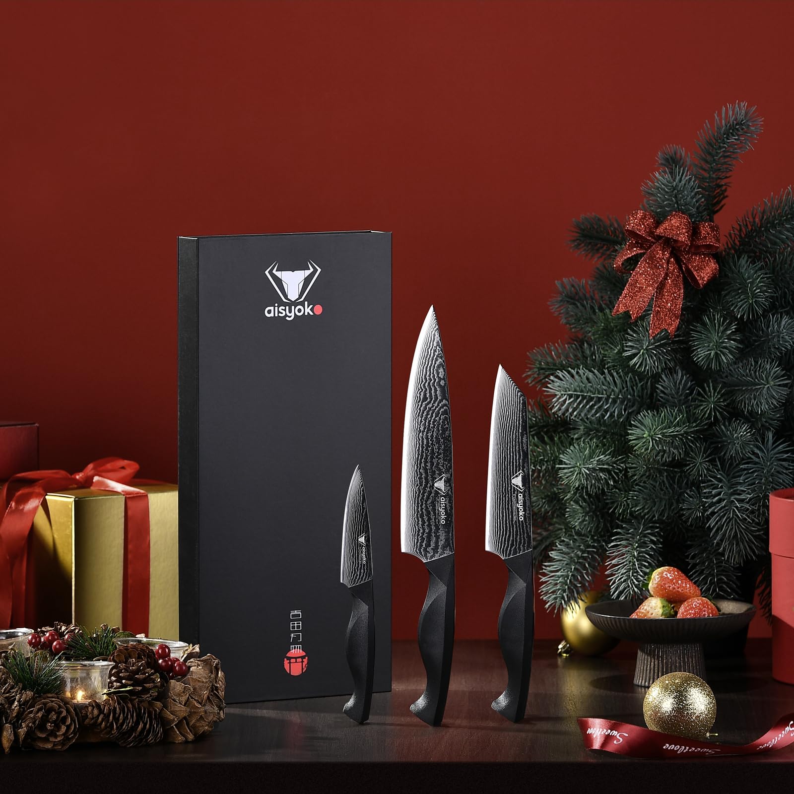 aisyoko 8C Damascus Knife Set 3PC Chef Knife,Kitchen knife,paring knife,High Carbon Stainless Steel,Ergonomic Full Tang ABS Anti-Skid Handle,Professional Japanese Cooking Knife with Luxury Gift Box