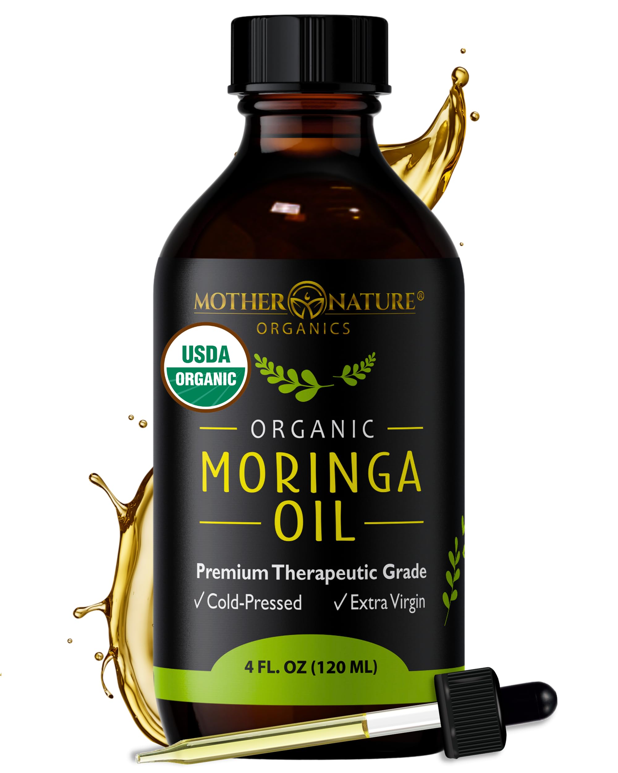 Mother Nature USDA Organic Moringa Seed Oil, 100% Pure, Cold-Pressed, Unrefined Moringa Oil for Face, Skin Care & Hair Growth, Aceite de Moringa para la Cara, Anti-Aging. Non-GMO & Gluten Free (4 Oz)