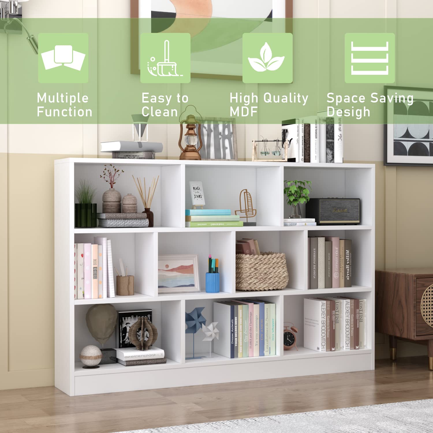 AIEGLE 10 Cube Bookcase Bookshelf, 3-Tiers Wood Cube Shelf Bookcase, Kids Bookshelf for Bedroom Living Room, White (55.1" L x 9.8" W x 41.3" H)