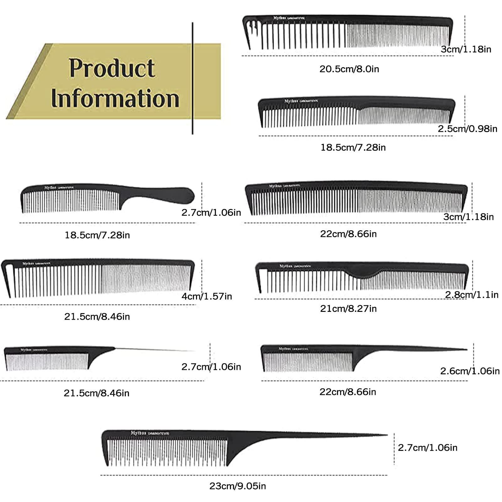 CestoMen 9pcs Carbon Fiber Stylist Combs Set, Anti Static Hair Cutting Comb Salon Styling Hairdressing Carbon Combs Rat Tail Comb for All Hair - Black