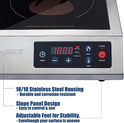 ChangBERT Induction Cooktop 1800W NSF Certified Commercial Grade Durable Countertop Burner Pro Chef Professional 18/10 Stainless Steel Housing Schott Glass 10-Hour Timer