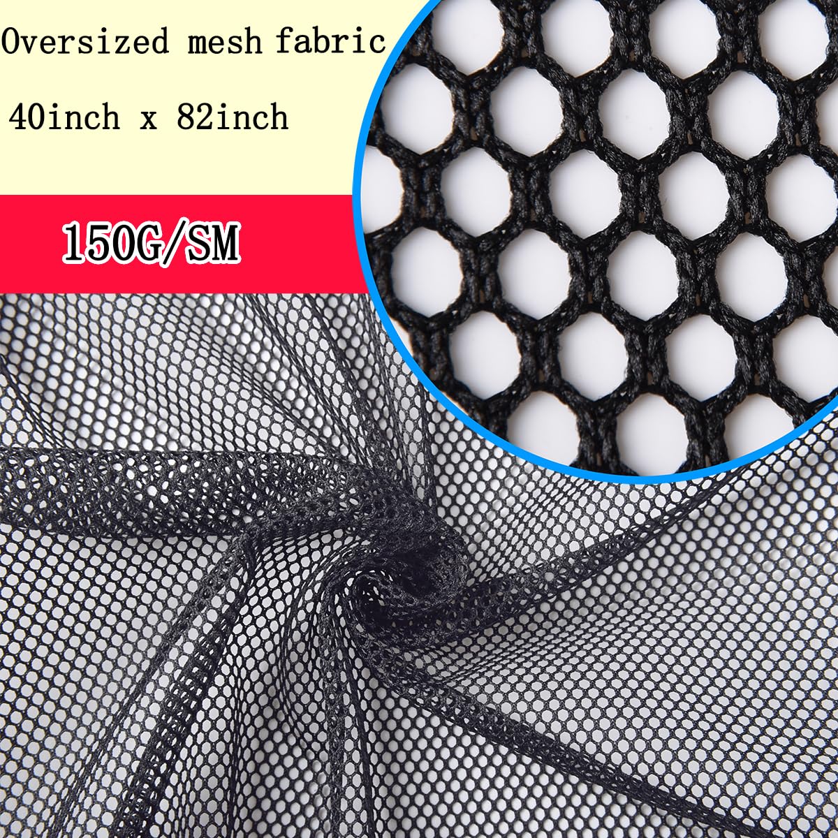 BoomSesame 150GSM Black Mesh Fabric, 40 x 82 Inch Polyester Fibre Mesh Netting Slightly Stretchy for Backpack Pocket, Straps, Netting Clothes, Netting Bag Shopping Bag and Other DIY Craft