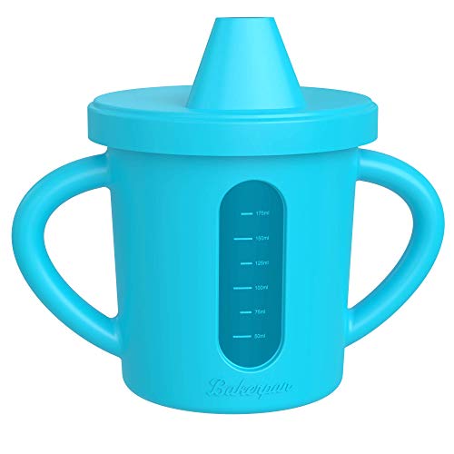 Bakerpan Silicone Toddler Spill Proof Sippy Cup with Level Indicator Window & handles (Blue)