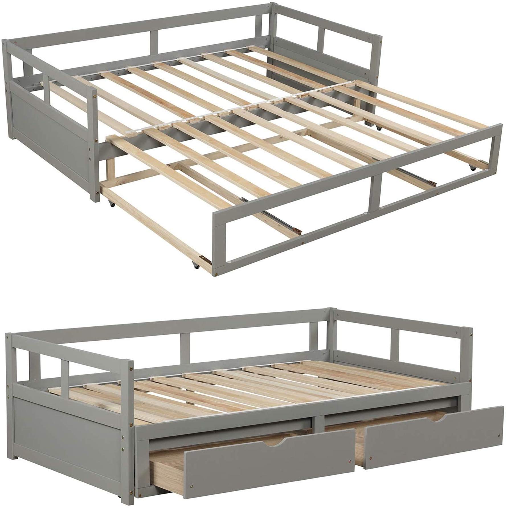 MERITLINE Daybed Frame with Two Storage Drawers, Twin to King Daybed Extendable Design,Wooden Sofa Bed for Bedroom Living Room,Grey