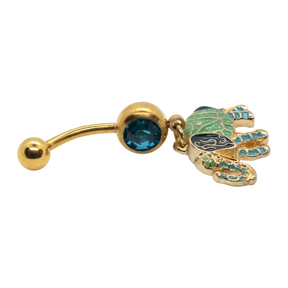316L 14G Surgical Steel Gold And Green Elephant Pendant with Blue CZ Stone Dangle Belly Button Ring 3/8" Barbell Body Piercing Jewelry Women