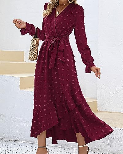 BTFBM Women's Boho Wrap Maxi Dress Summer Fall V Neck Swiss Dot Long Sleeve Flowy Slit Wedding Party Cocktail Dresses(Swiss Dot Wine Red, Small)