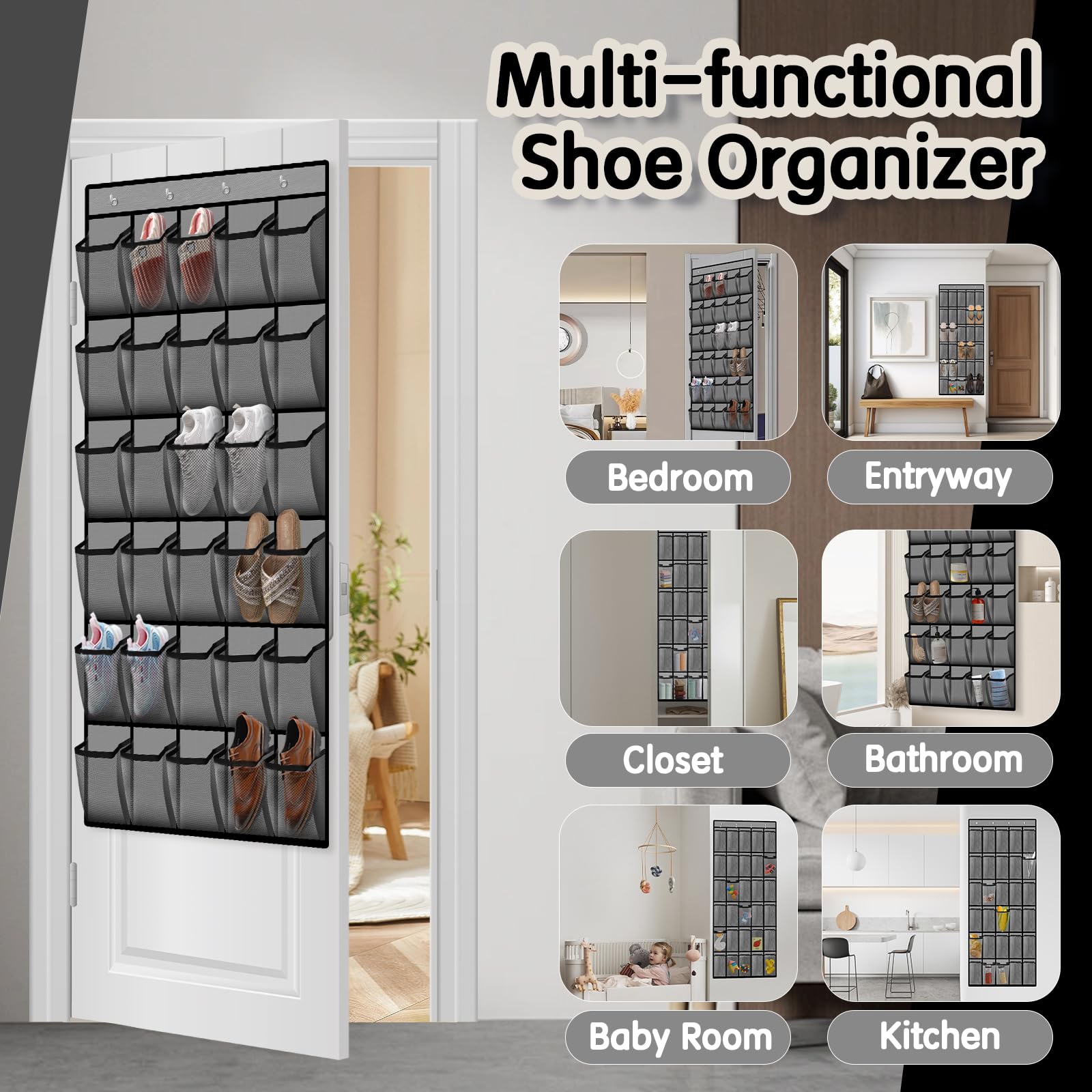 30 Compartment Breathable Mesh Pocket Over the Door Hanging Shoe Organizer, Closet Shoe Organizer, Large Men's and Women's Shoe Organizer, Hanging Over the Door Shoe Organizer (Gray)